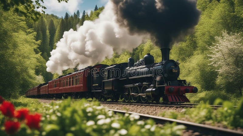 Steam Train in the Forest Steam Train Engine on a Sunny Day in the ...
