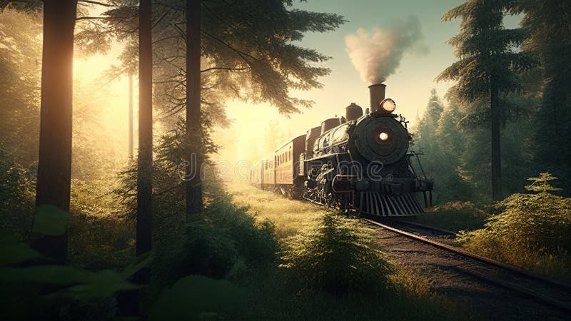 Steam train in forest stock illustration. Illustration of transport ...