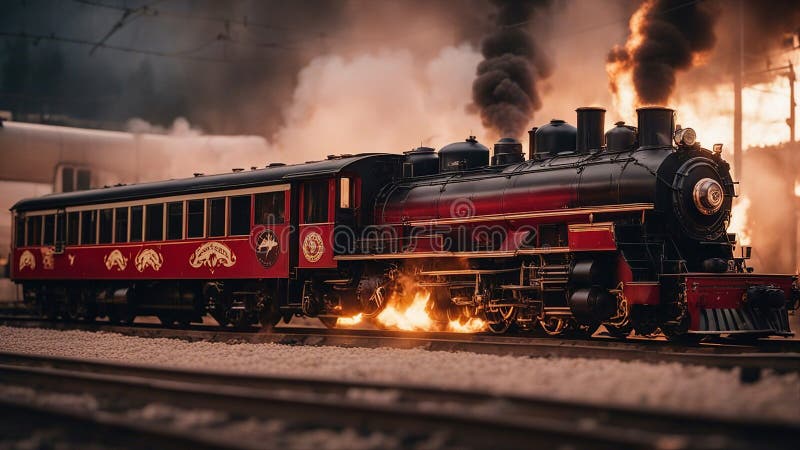 Steam Train in the Forest _A Vintage Train, on Fire, Flames, with a ...