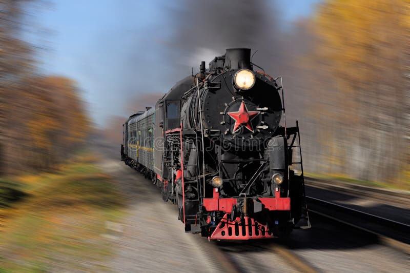 Steam train goes fast. stock photo. Image of iron, russian - 34434428