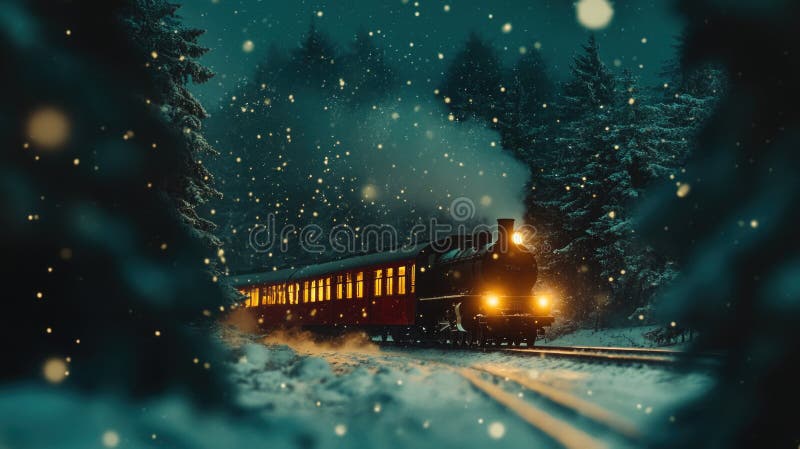 Steam Train Journey through Snowy Forest at Night with Glowing Lights ...