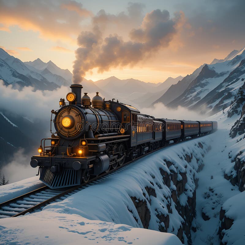 Steam Train Journey through Snowy Mountains at Sunset Stock ...
