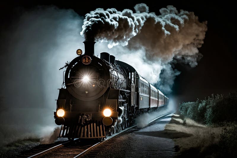 Steam train at night. AI stock illustration. Illustration of steam ...