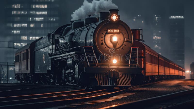 Steam Train in the Night City Stock Illustration - Illustration of ...