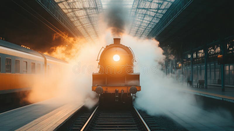 A Steam Train is Pulling into a Station, with Smoke Billowing Out of ...