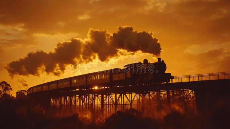 Steam Train Silhouette at Sunset Crossing Bridge Stock Illustration ...