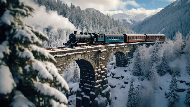 Steam Train on a Stone Bridge in the Snowy Mountains Stock Illustration ...