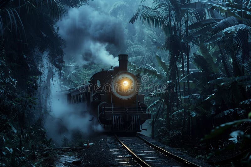 Steam Train Traveling through Dense Jungle with Mist. Stock ...