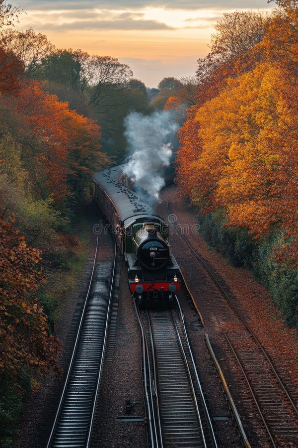 A Steam Train is Traveling Down a Track with Leaves on the Ground Stock ...