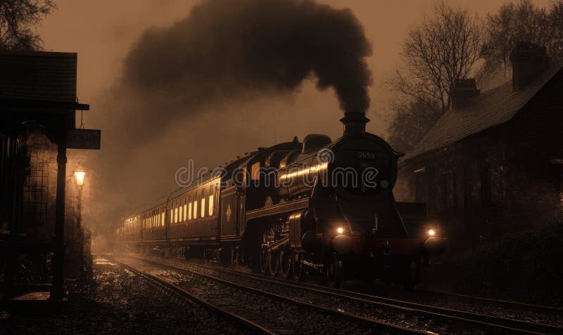 A Steam Train is Traveling Down the Tracks in the Rain Stock ...