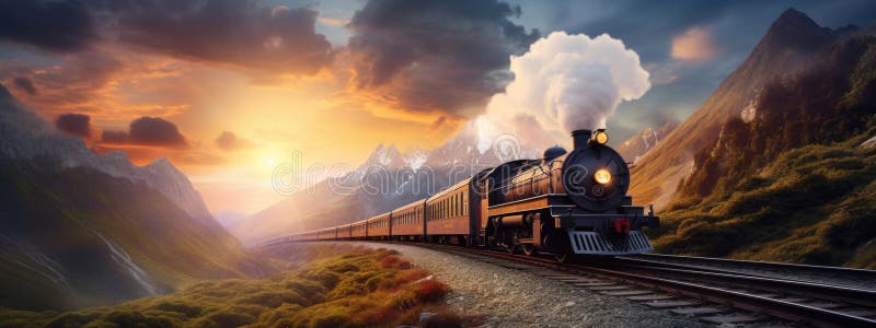 Steam Train Traveling through Mountains at Sunset with Dramatic Sky ...