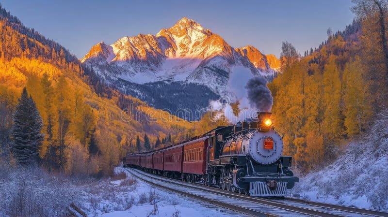 Steam Train Traversing Snow-Covered Mountain Pass with Autumn Foliage ...