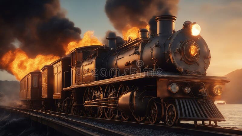 Steam Train in the Woods Burning, Steampunk Train Exploding on Fire ...