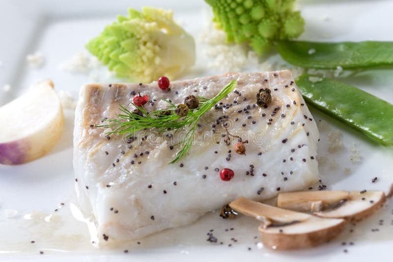 Steamed Atlantic Cod Fish with Spices and Vegetable Stock Photo - Image ...