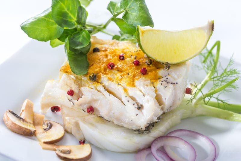 Steamed Atlantic Cod Fish with Spices and Vegetable Stock Image - Image ...
