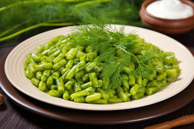 Steamed Beans with Fresh Dill on Plate Stock Photo - Image of green ...