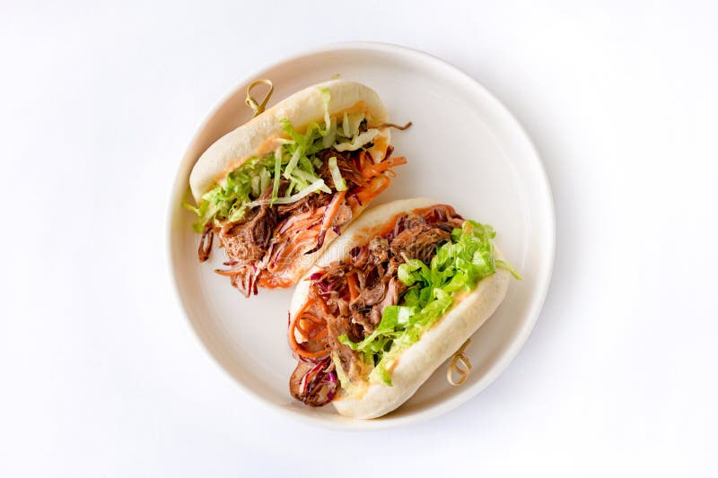 Steamed Buns Bao with Pulled Beef and Iceberg Lettuce Stock Photo ...