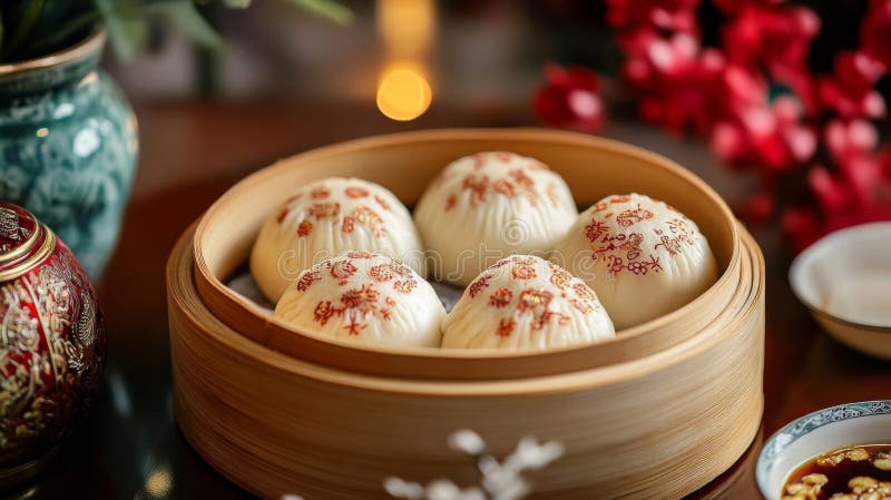 Steamed Buns with Red and Gold Designs in a Bamboo Steamer Stock ...