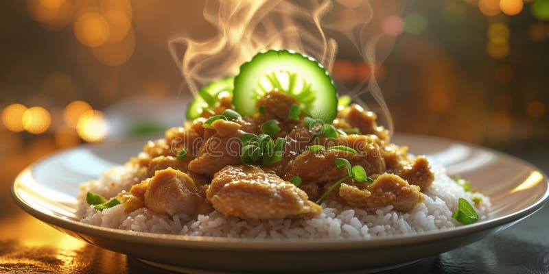 Steamed Chicken Rice Dish with Cucumber Garnish. Stock Photo - Image of ...