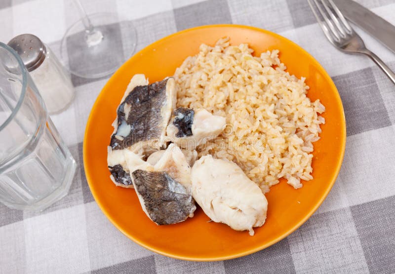 Steamed Cod Fish with Garnish of Basmati Rice for Dinner Stock Photo ...