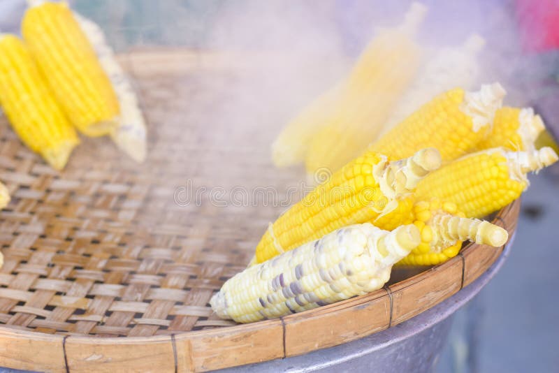 Steamed Corn on Bamboo Utensils Stock Image - Image of asian ...