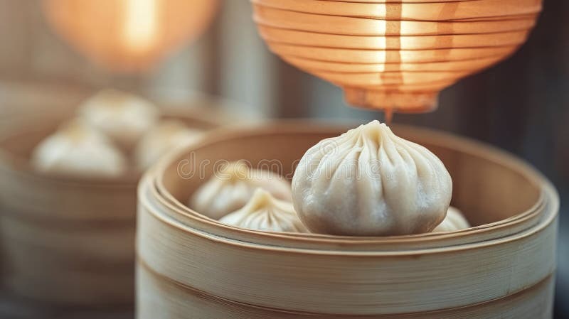 Steamed Dumplings in Bamboo Baskets Under Soft Lantern Light Stock ...