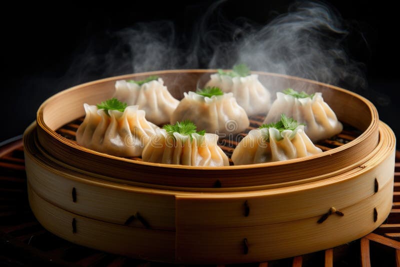 Steamed Dumplings in a Bamboo Steamer Stock Illustration - Illustration ...