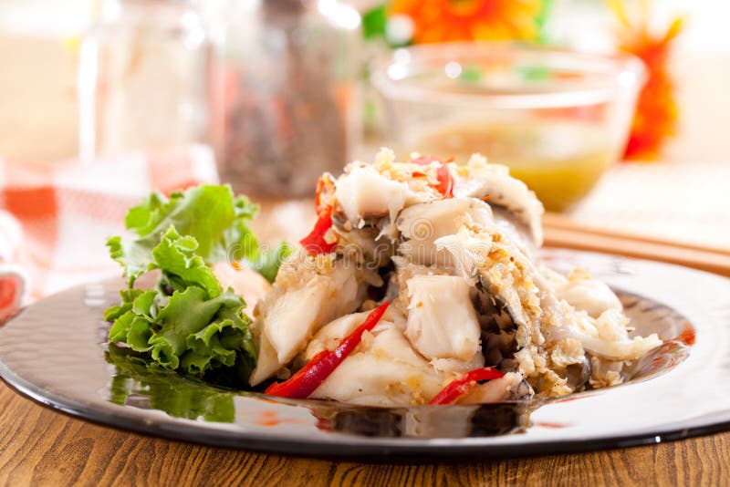 Steamed Fish with Fried Garlic Stock Image - Image of fish, fried ...