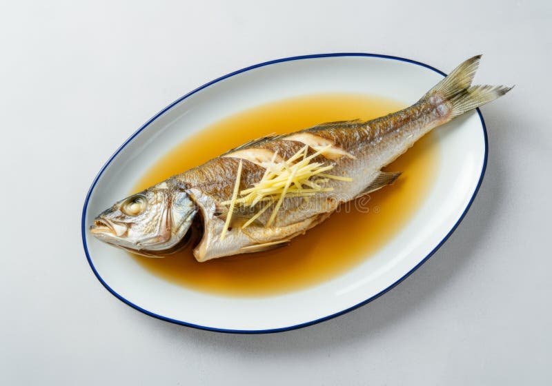 Steamed Fish with Ginger Garnish on White Plate with Soy Sauce Stock ...