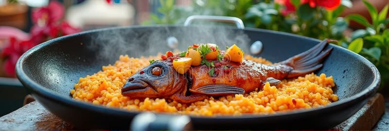 Steamed Fish with Lemons and Herbs on Saffron Rice in Black Pan Stock ...