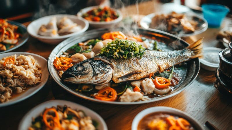 Steamed Fish with Rice and Vegetables on a Dinner Table Stock ...
