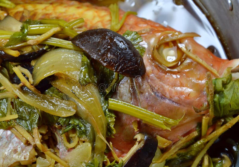 Steamed Fish with Soy Sauce Topping Slice Ginger and Mushroom Stock ...