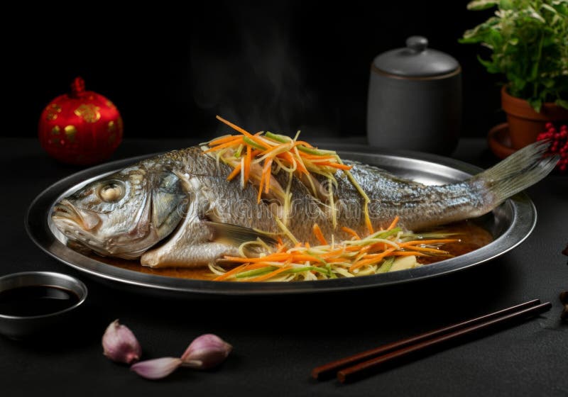 Steamed Fish with Vegetables and Garlic on a Traditional Chinese Table ...