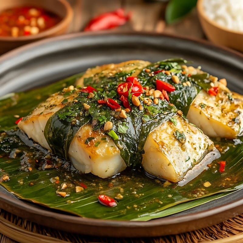 Steamed Fish Wrapped in Banana Leaves, Garnished with Herbs Stock ...