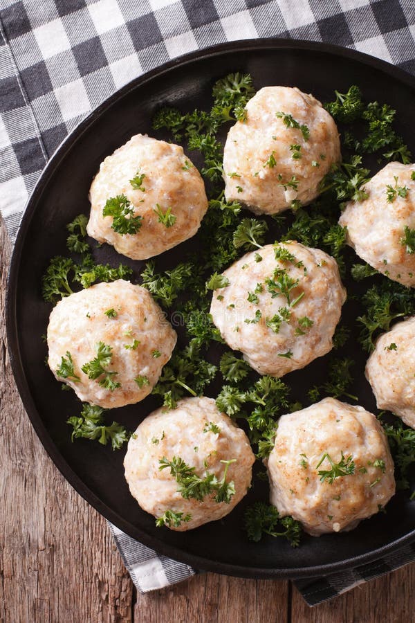 Steamed Meatballs with Parsley on the Table. Vertical Top View Stock ...
