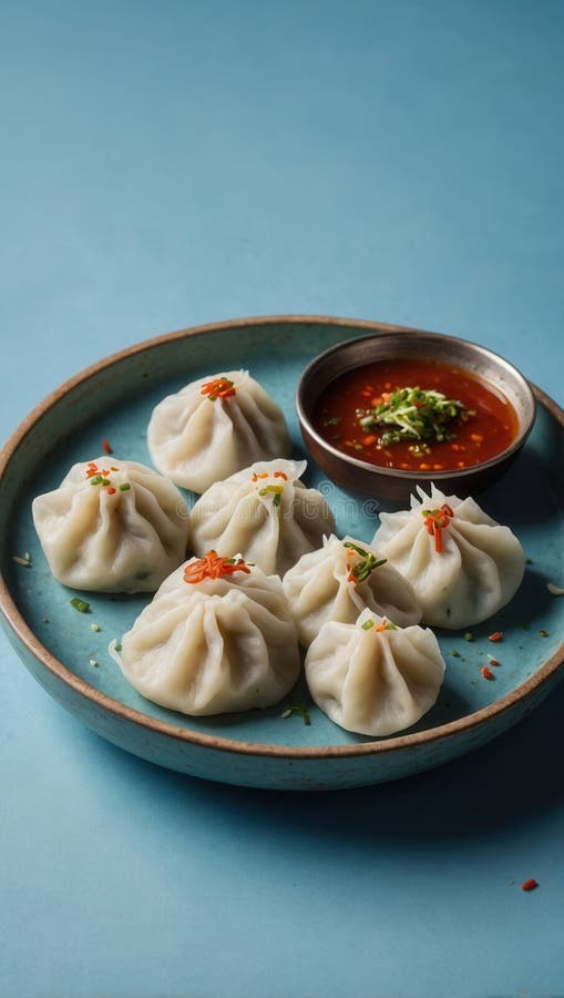Steamed Momo Dumplings on Plate with Dipping Sauce Stock Illustration ...