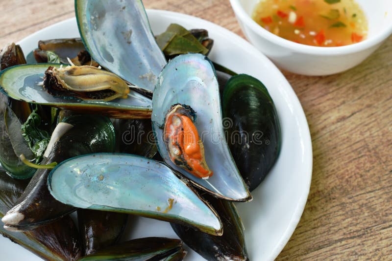 Steamed Mussel Served with Spicy Sauce on Plate Stock Photo - Image of ...