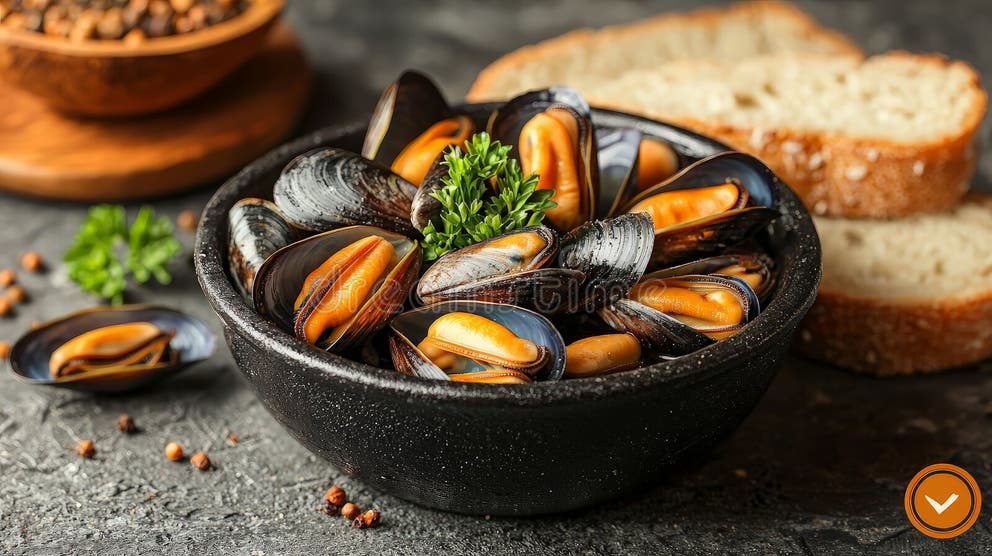 Steamed Mussels with Bread on Dark Stone Stock Image - Image of yummy ...