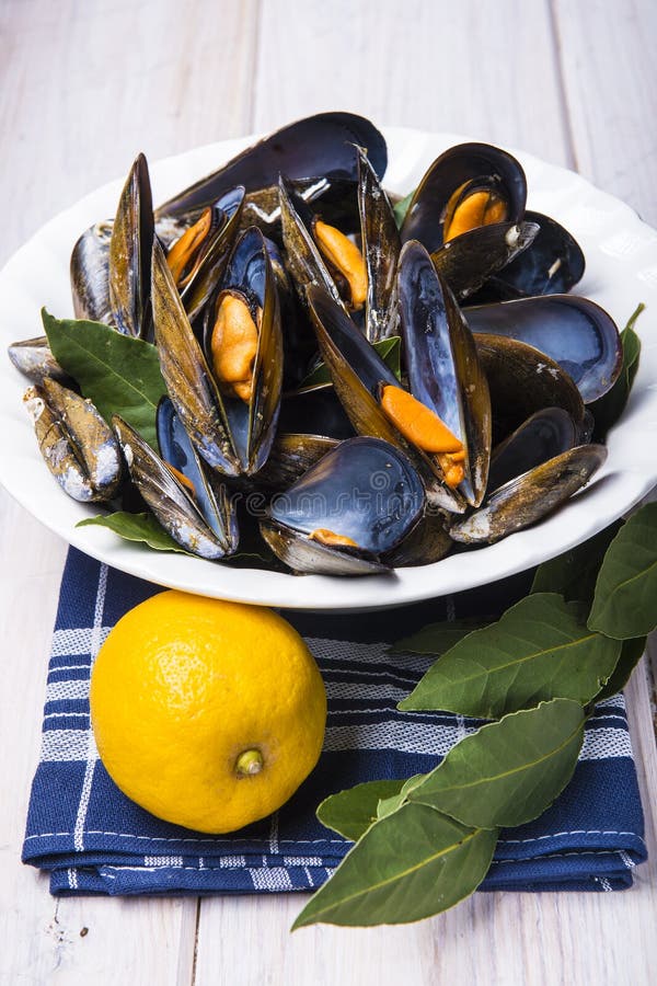 Steamed Mussels with Lemon for Lunch Stock Photo - Image of bowl ...