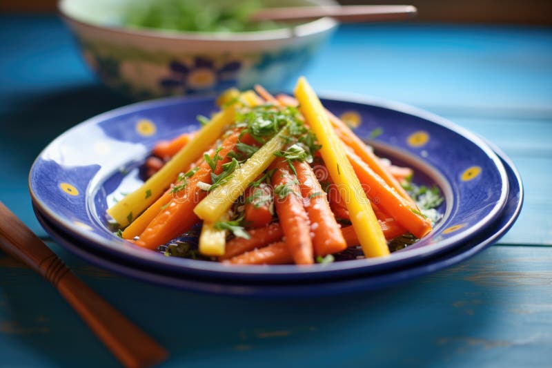 Steamed Rainbow Carrots on a Blue Plate, Side View Stock Photo - Image ...