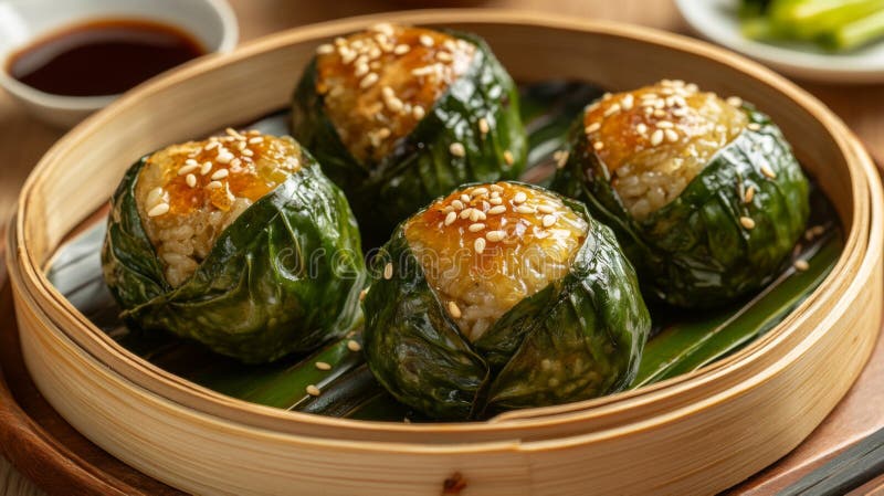 Steamed Rice Balls Wrapped in Green Leaves Stock Illustration ...