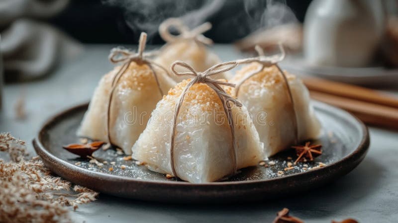 Steamed Rice Cakes Tied with Twine are Presented on a Plate Stock ...