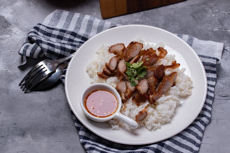Steamed Rice, Grilled Pork Neck with Spicy Sauce Stock Image - Image of ...