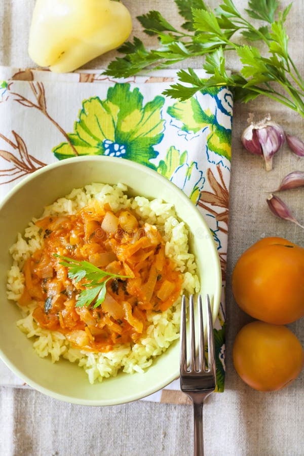 Steamed Rice with Stewed Vegetables and Turmeric Stock Image - Image of ...