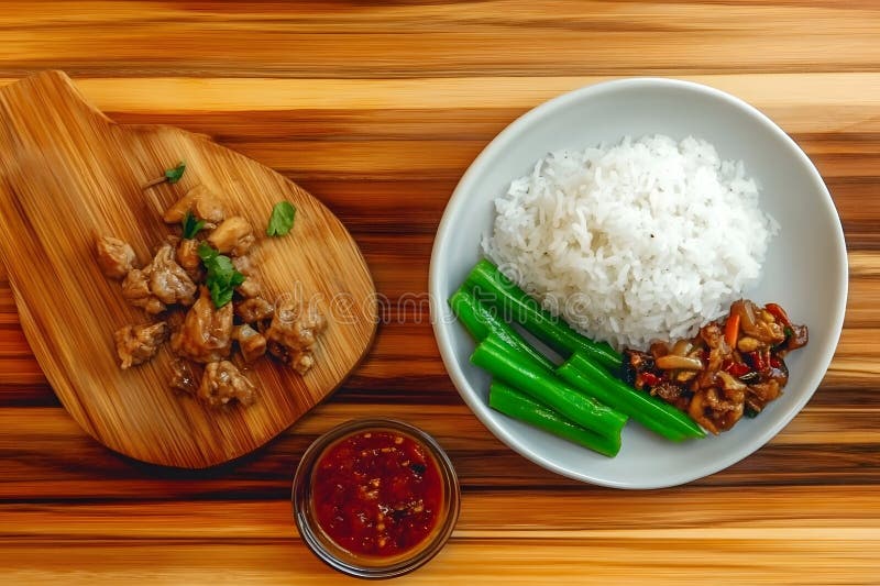 Steamed Rice with Stir-fried Vegetables on Wood Surface, Space Left for ...