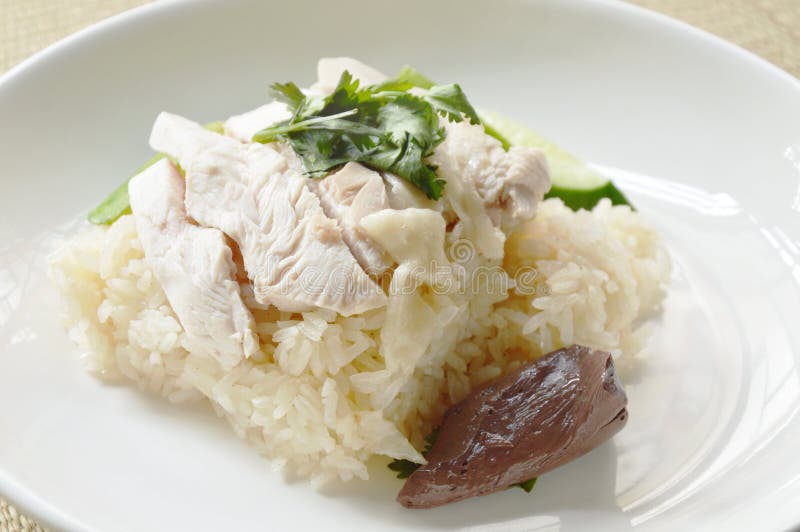 Steamed Rice Topping Boiled Chicken on Bamboo Mat Stock Image - Image ...