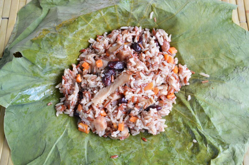 Steamed Rice and Whole Grain Wrapped in Lotus Leaf Stock Image - Image ...