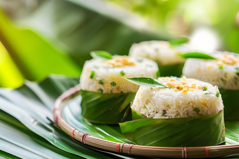 Steamed Rice Wrapped in Banana Leaves with Fresh Herbs and Peanuts ...
