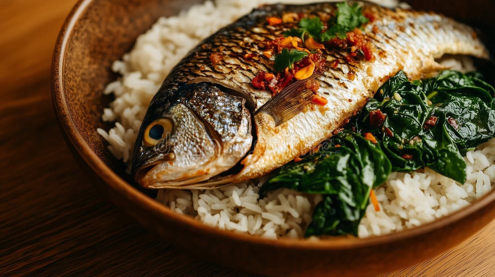Steamed Sea Bream with Spinach and Basmati Rice Stock Image - Image of ...