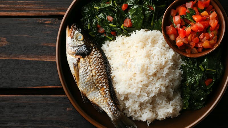 Steamed Sea Bream with Spinach and Basmati Rice Stock Image - Image of ...
